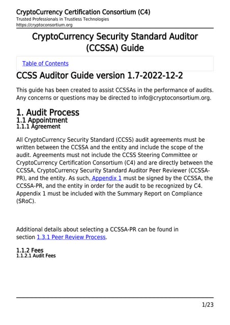 Cryptocurrency Security Standard Auditor Ccssa Guidepdf Databases