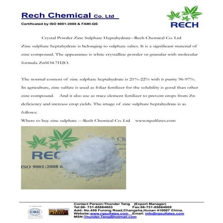 Crystal powder zinc sulphate heptahydrate -rech chemical co. ltd | PDF