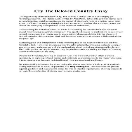 Cry The Beloved Country Essay. quot;Cry The Beloved Countryquot; Essay ...