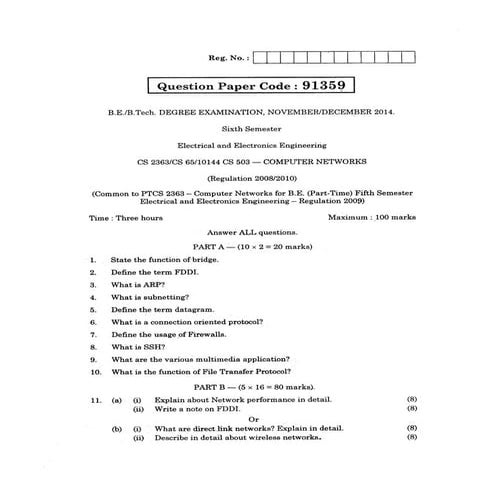 CS2363 Computer Networks Nov Dec 2014 QP | PDF