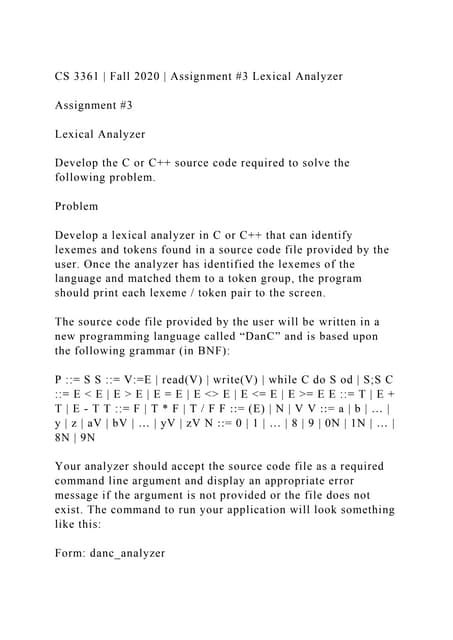 Cs 3361 Fall 2020 Assignment 3 Lexical Analyzerassignment Docx