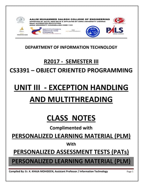CS3391 -OOP -UNIT – III NOTES FINAL.pdf CS3391 -OOP -UNIT – III NOTES FINAL.pdf