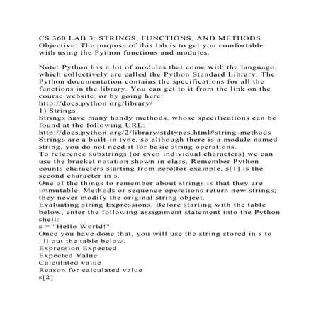 Cs 360 Lab 3 Strings Functions And Methodsobjective The Purpos Docx