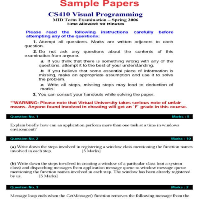 CS410 Visual Programming Master of Information Technology VU University Past Papers 2006 Mid ...