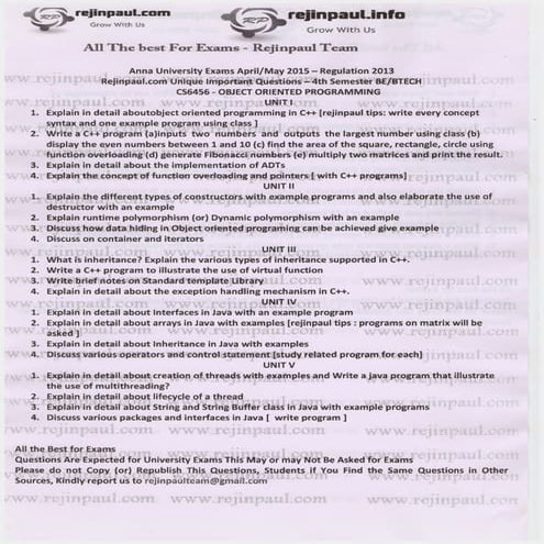 CS6456 oops Rejinpaul_NOV_DEC_2016 Important Questions | PDF