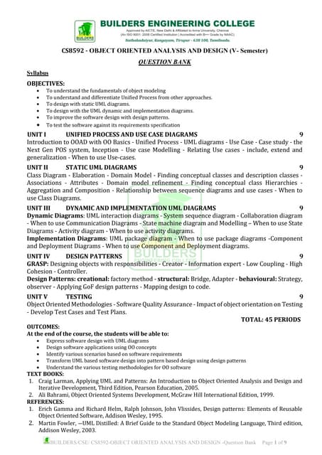 CS6502 OOAD - Question Bank and Answer | PDF