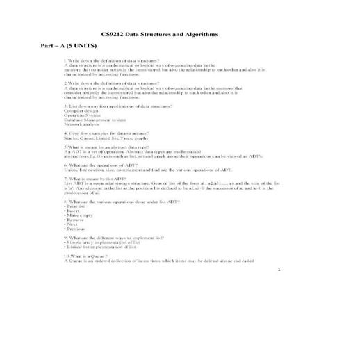 Cs9212 data structures and algorithms 2 marks | DOC