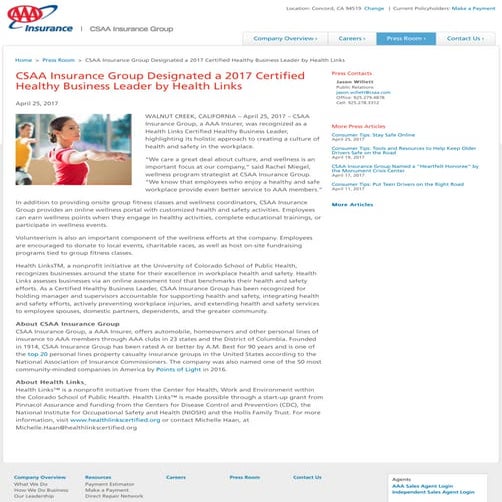 Csaa insurance group designated a 2017 certified healthy business ...