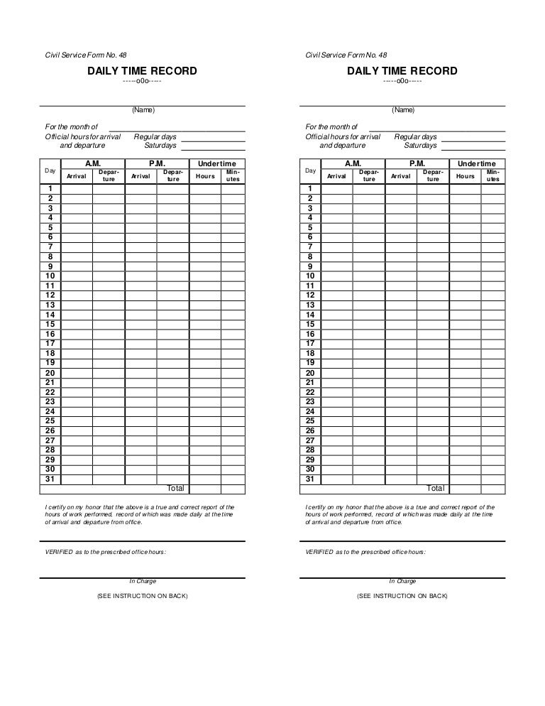 Csc Form 48 daily time record dtr Csc Form 48 daily time record dtr