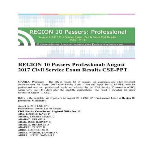 Csc exam result august 2017 | DOCX