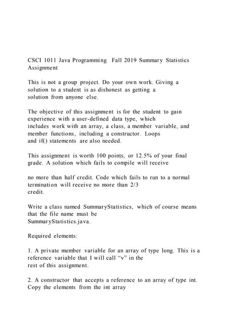 Csci 1011 Java Programming Fall 2019 Summary Statistics Assig