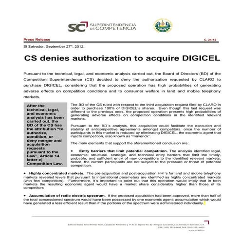 Cs denies authorization to acquire digicel | PDF