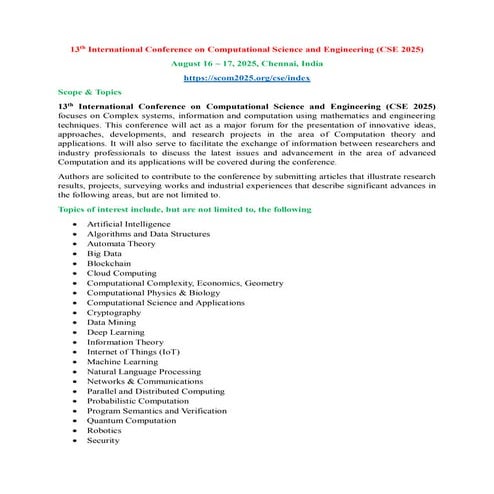 13th International Conference on Computational Science and Engineering (CSE 2025) | PDF