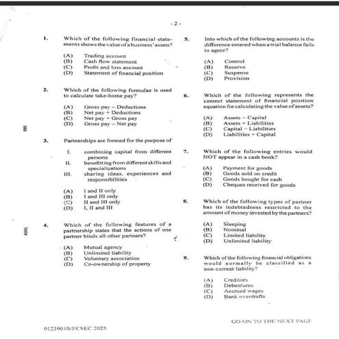 CSEC Principles of Accounts. Past paper Paper One2025 | PDF
