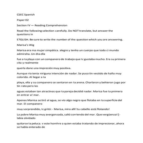 CXC CSEC Spanish- Paper 2 Section Iv-Comprehension | DOCX