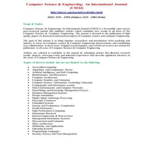 CFP : Computer Science & Engineering: An International Journal (CSEIJ) | PDF