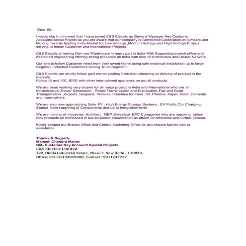 C&S Electric Company Ltd introduction letter by Mr.Mahesh Chandra Manav ...