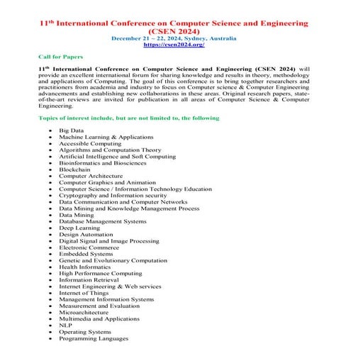 Call for Papers - 11th International Conference on Computer Science and Engineering (CSEN 2024 ...