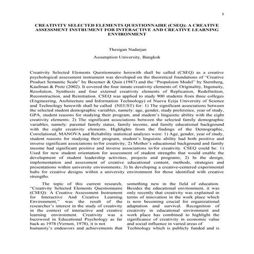 Creativity Selected Elements Questionnaire | PDF