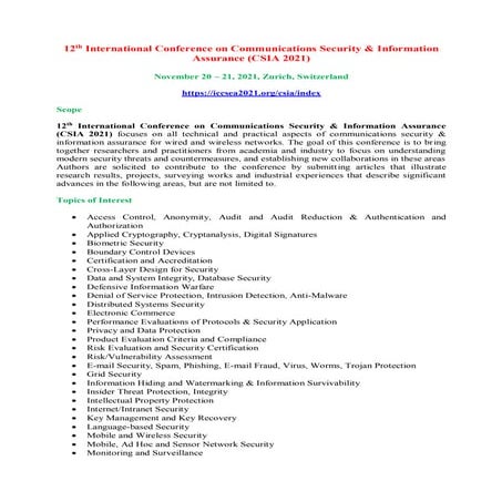 12th International Conference On Communications Security And Information Assurance Csia 2021 Pdf