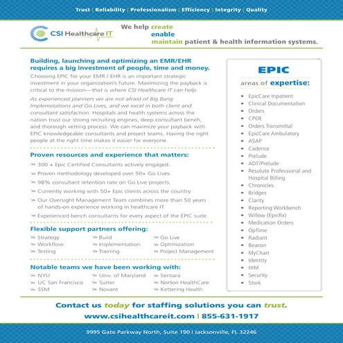 CSI Healthcare IT - Epic Expertise | PDF