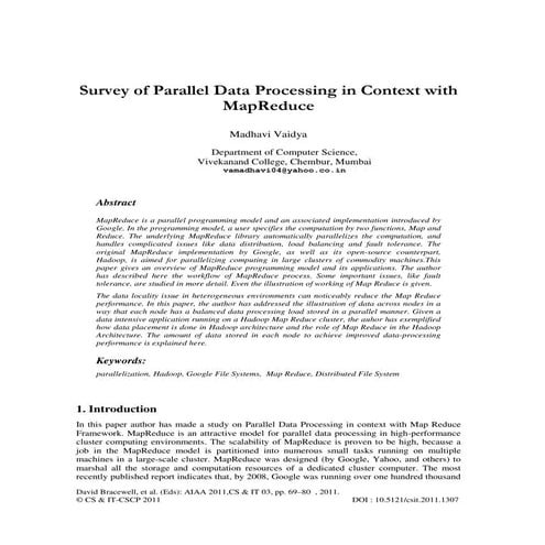 Survey Of Parallel Data Processing In Context With Mapreduce Pdf
