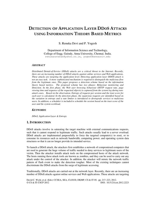 Detection Of Application Layer Ddos Attacks Using Information Theory Based Metrics Pdf