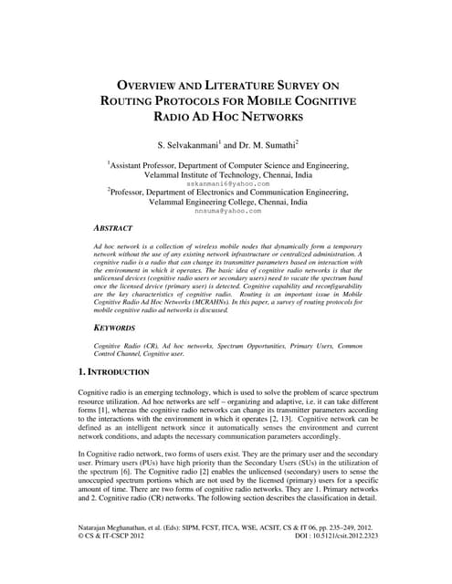 Overview And Literature Survey On Routing Protocols For Mobile Cognitive Radio Ad Hoc Networks Pdf