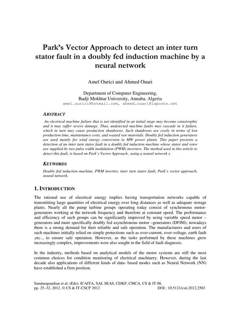 Park S Vector Approach To Detect An Inter Turn Stator Fault In A Doubly Fed Induction Machine By
