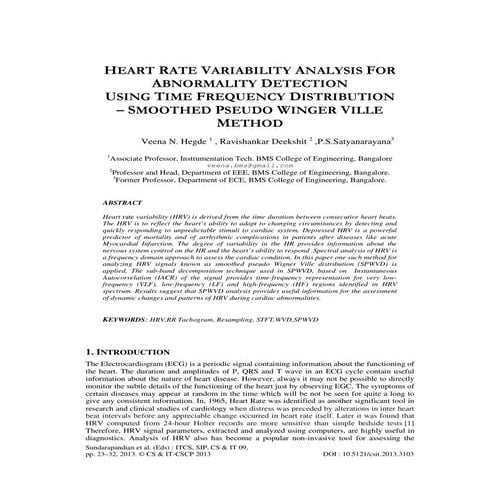 HEART RATE VARIABILITY ANALYSIS FOR ABNORMALITY DETECTION USING TIME FREQUENCY DISTRIBUTION ...