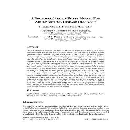 A PROPOSED NEURO-FUZZY MODEL FOR ADULT ASTHMA DISEASE DIAGNOSIS | PDF