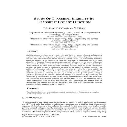 STUDY OF TRANSIENT STABILITY BY TRANSIENT ENERGY FUNCTION | PDF