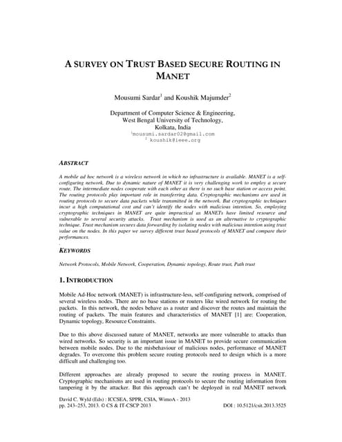A Survey On Trust Based Secure Routing In Manet Pdf