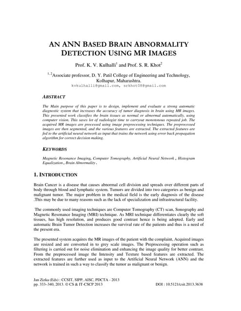 An Ann Based Brain Abnormality Detection Using Mr Images Pdf