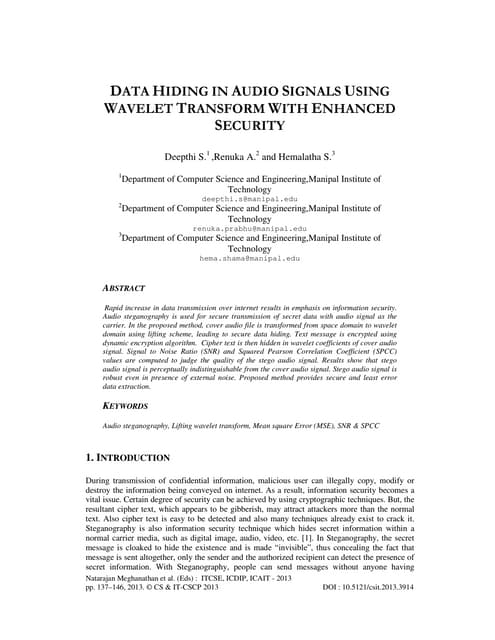 DATA HIDING IN AUDIO SIGNALS USING WAVELET TRANSFORM WITH ENHANCED SECURITY | PDF