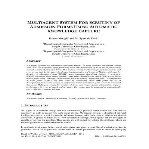 MULTIAGENT SYSTEM FOR SCRUTINY OF ADMISSION FORMS USING AUTOMATIC KNOWLEDGE CAPTURE | PDF