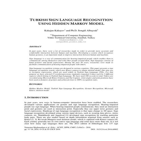 TURKISH SIGN LANGUAGE RECOGNITION USING HIDDEN MARKOV MODEL | PDF