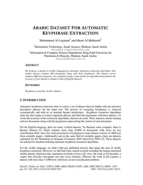 Arabic Dataset For Automatic Keyphrase Extraction Pdf