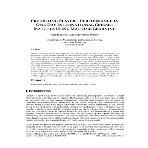 PREDICTING PLAYERS' PERFORMANCE IN ONE DAY INTERNATIONAL CRICKET MATCHES USING MACHINE LEARNING ...