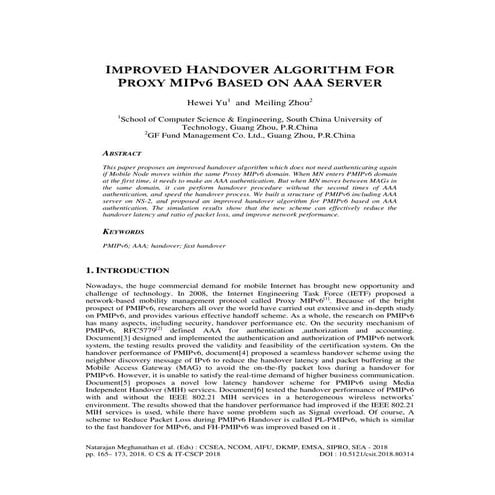 IMPROVED HANDOVER ALGORITHM FOR PROXY MIPv6 BASED ON AAA SERVER | PDF