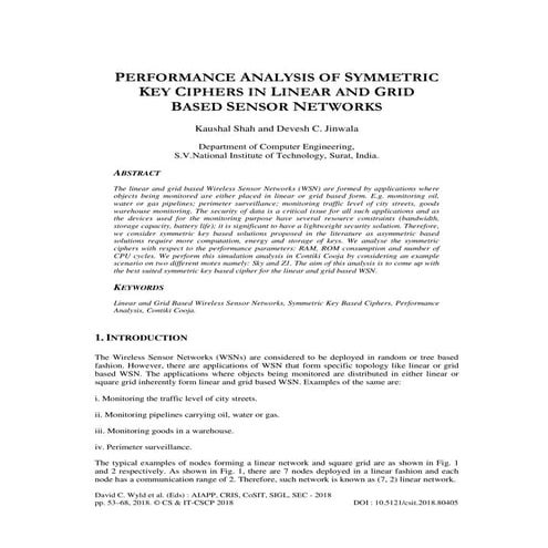 Performance Analysis Of Symmetric Key Ciphers In Linear And Grid Based Sensor Networks Pdf