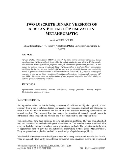 Two Discrete Binary Versions Of African Buffalo Optimization Metaheuristic Pdf