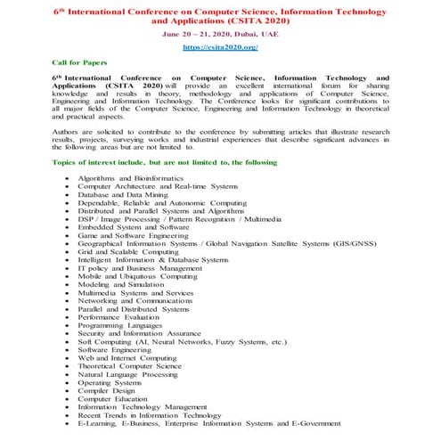 Call for papers - 6th International Conference on Computer Science ...
