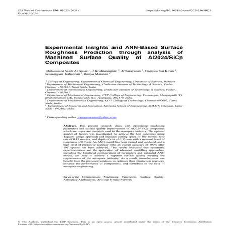 Experimental Insights and ANN-Based Surface Roughness Prediction through analysis of Machined ...