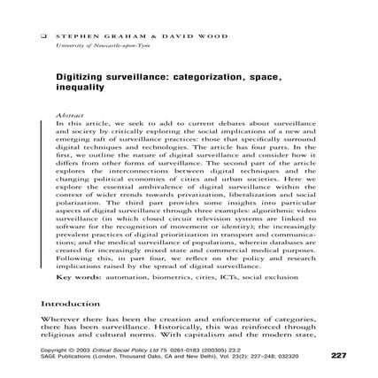 Graham, Stephen, and David Wood. "Digitizing surveillance ...
