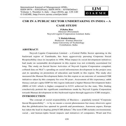 Csr in a public sector undertaking in india – a case study | PDF