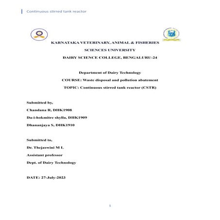 Continuous stirred tank reactor (CSTR ) | PDF