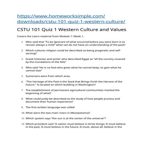 CSTU 101 Quiz 1 Western Culture and Values Homeworksimple.docx