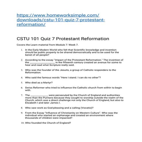 CSTU 101 Quiz 7 Protestant Reformation Homeworksimple.docx