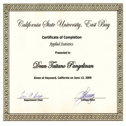 CSU East Bay Certificate of Completion - Applied Statistics | PPT